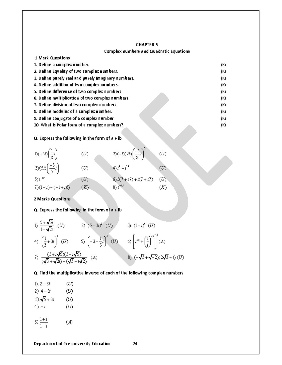 Complex Numbers & Quadratic Equations: 1 Mark Qs (K) - Studocu
