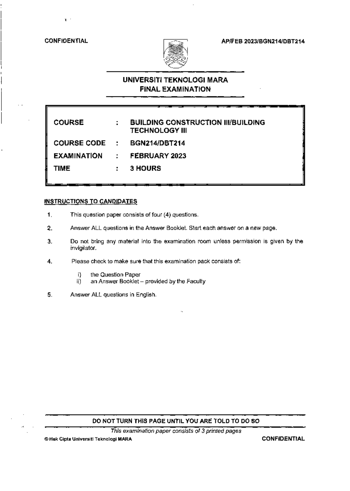 UiTM BCT 2023 Final Exam Paper: Building Construction Technology - Studocu