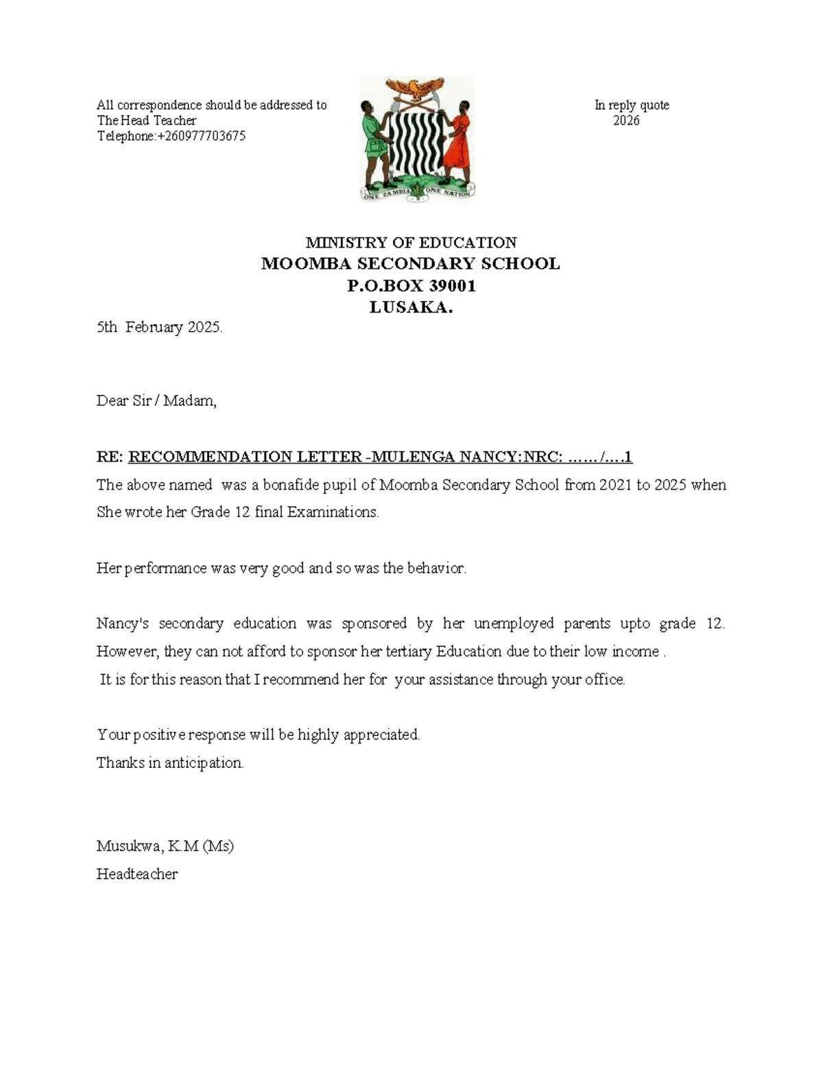 2026 Recommendation Letter for Nancy - Moomba Secondary School - Studocu