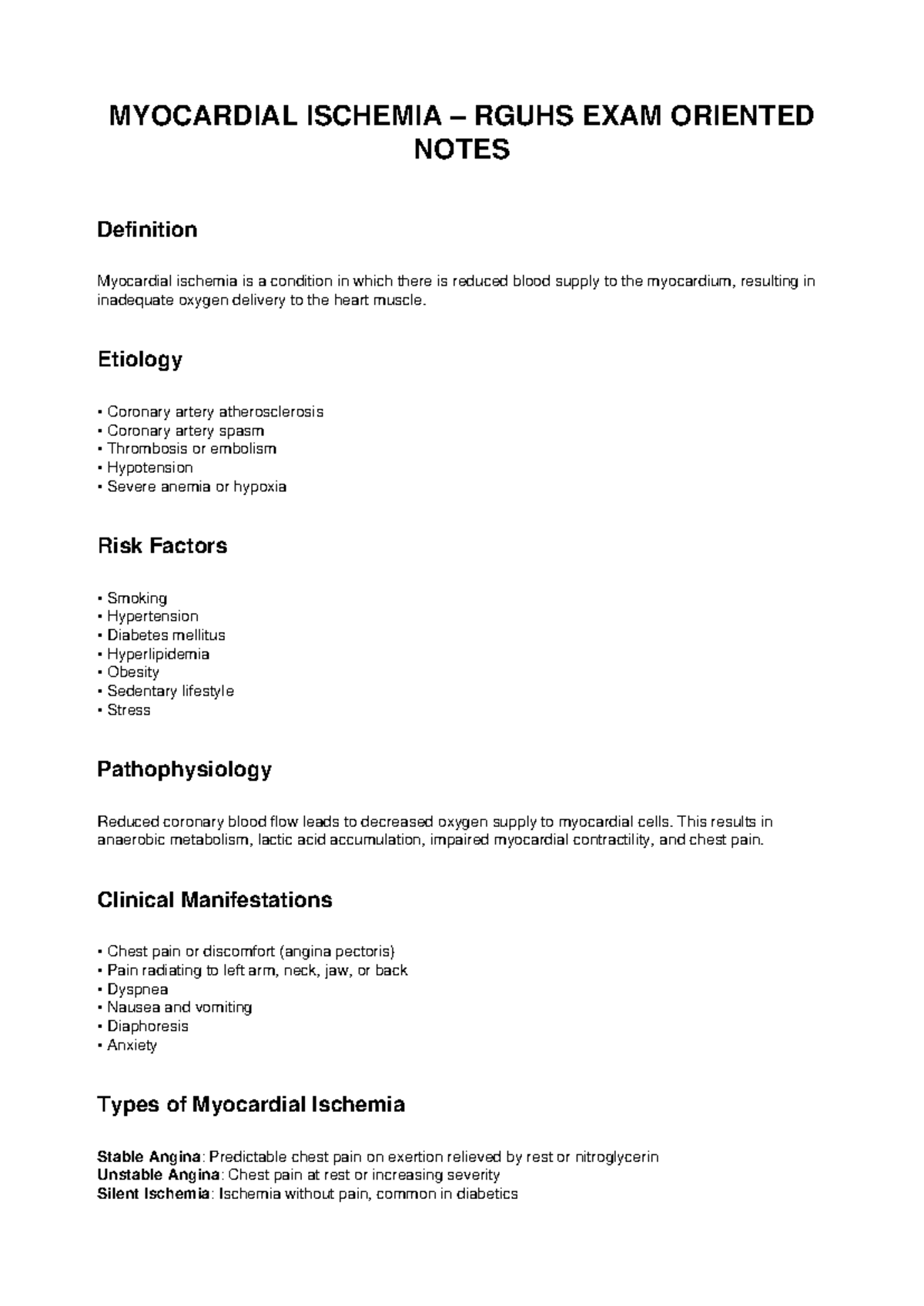 MYOCARDIAL ISCHEMIA RGUHS EXAM NOTES: Definition, Etiology & Types ...