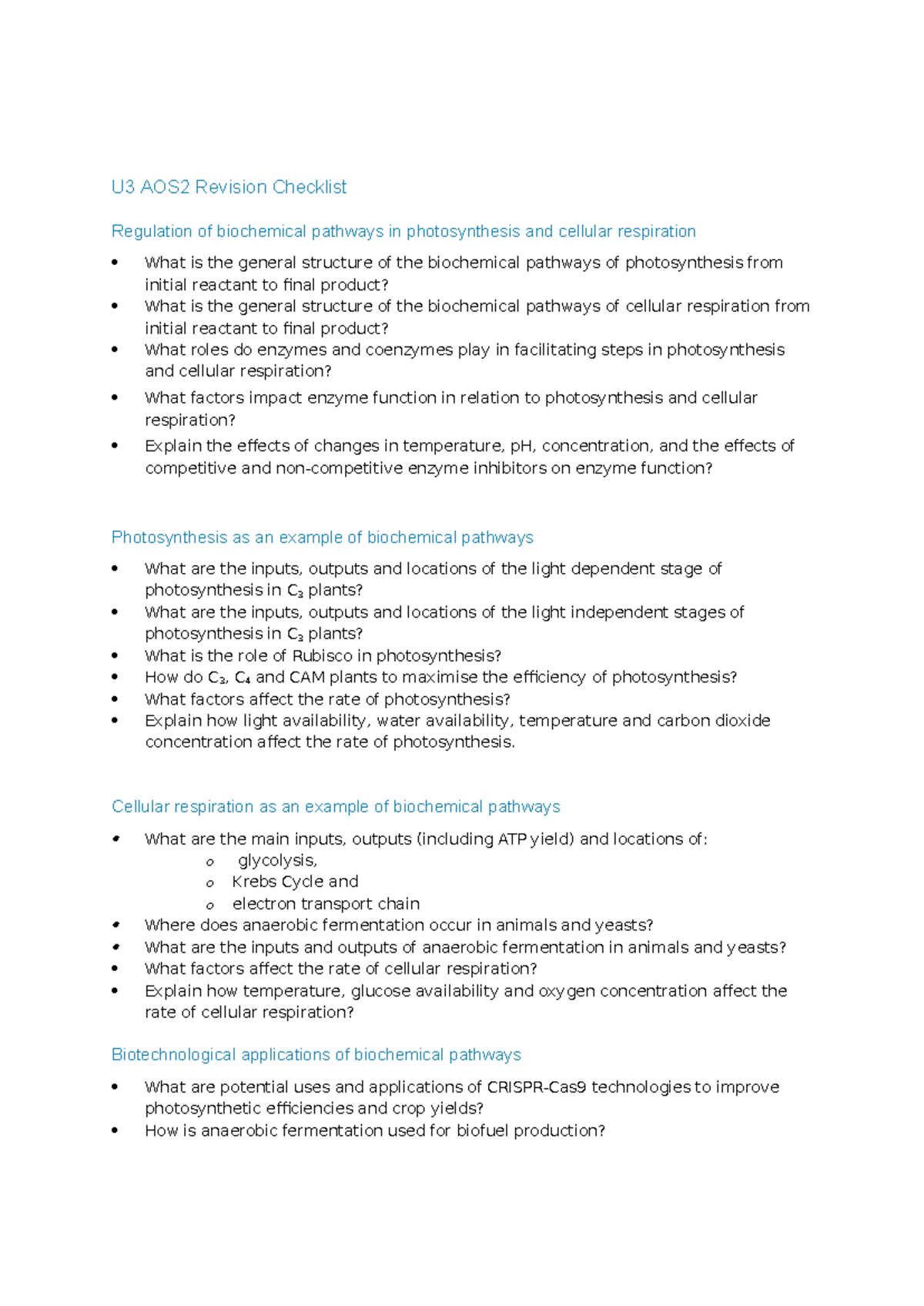 Biochemical Pathways Revision Checklist for U3 AOS2: Photosynthesis ...