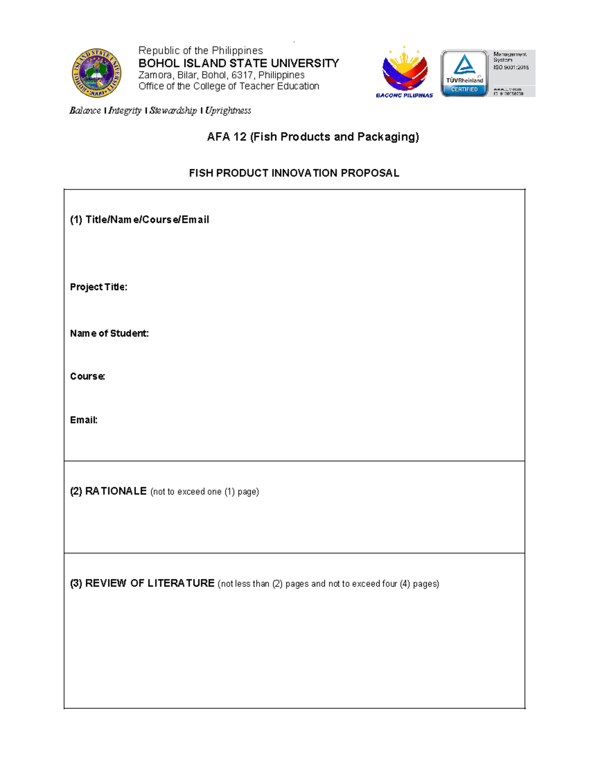 AFA 12 Fish Product Innovation Research Proposal Format Guide - Studocu
