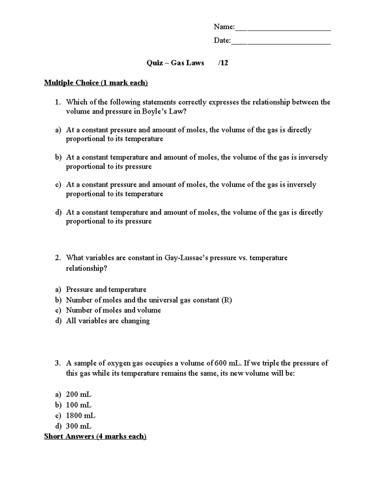 12-Gas Laws Quiz 2022: Multiple Choice & Short Answers - Studocu