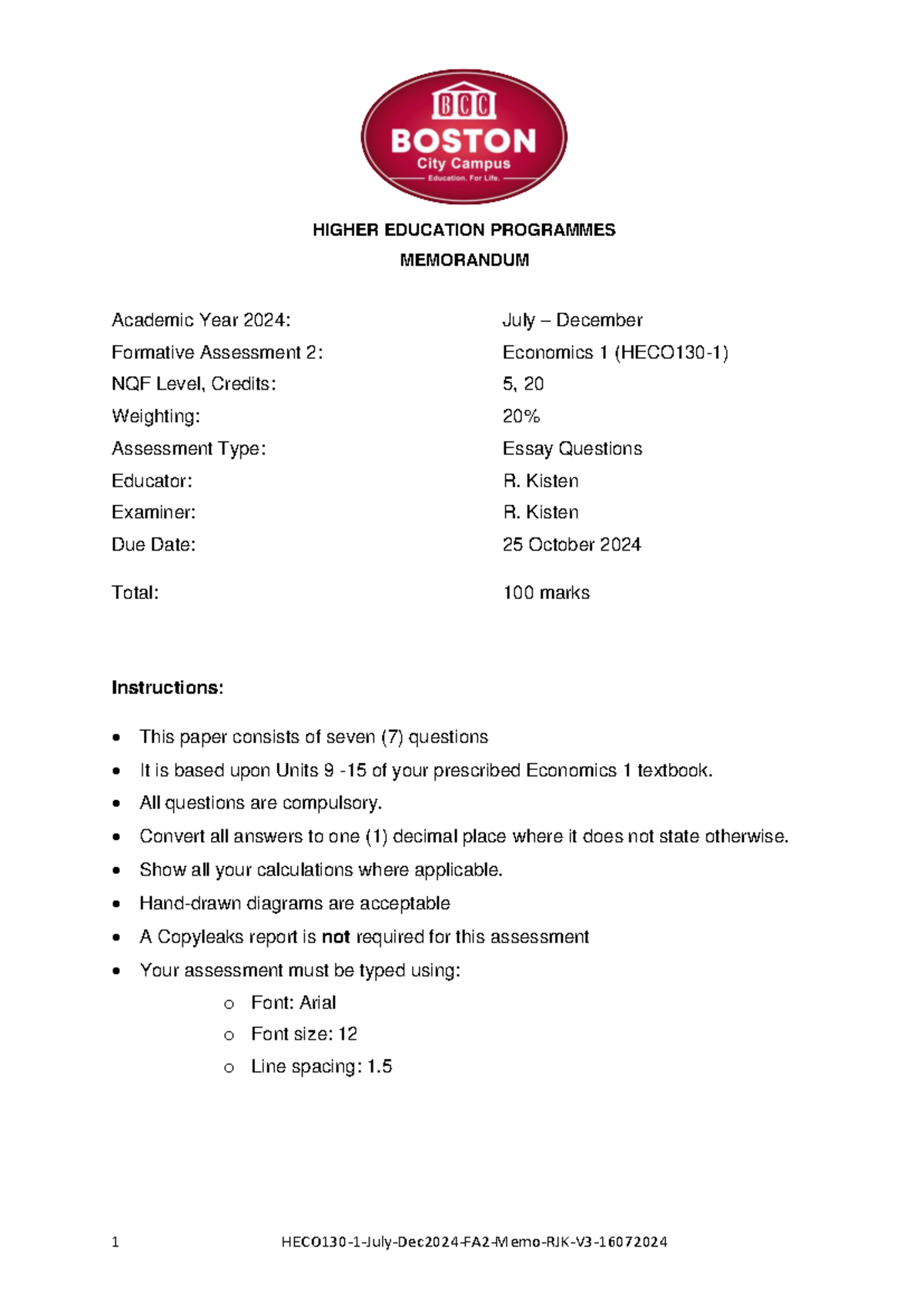 HECO130 Midterm Memo: Formative Assessment 2 for Economics 1 (2024 ...