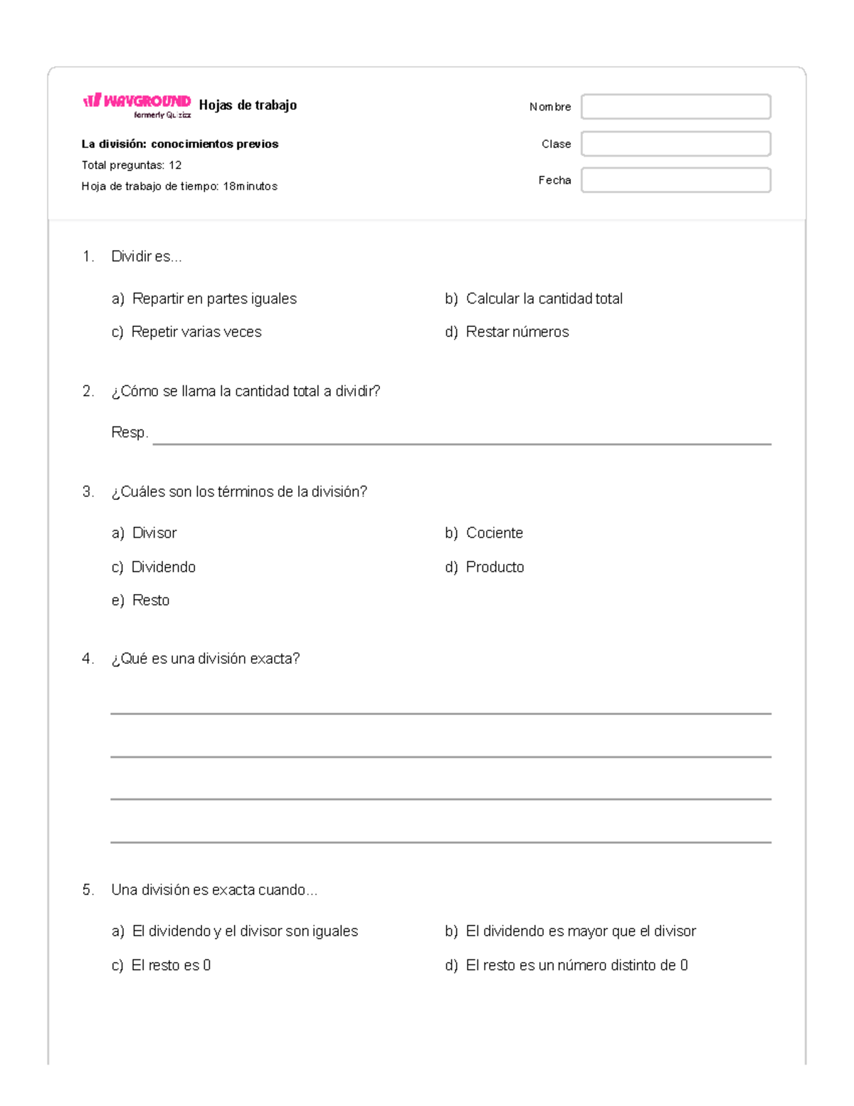 Quizizz - La División: Conocimientos Previos y Ejercicios - Studocu
