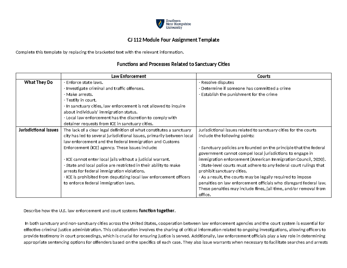 CJ 112 Module Four Assignment: Sanctuary Cities & Law Enforcement ...
