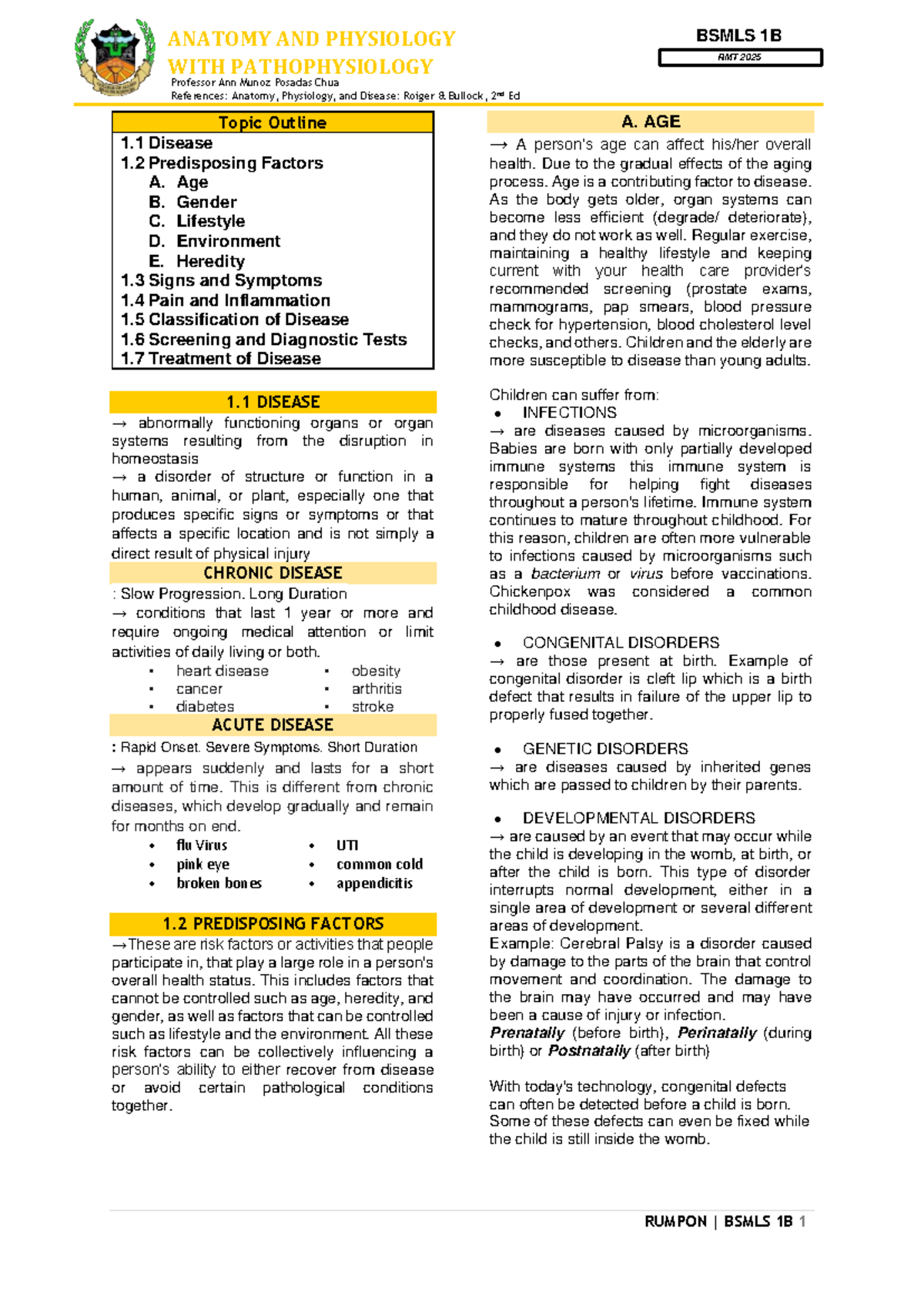 Anaphy & Pathophysiology Overview - BSMLS 1B RMT 2025 Lesson Notes ...