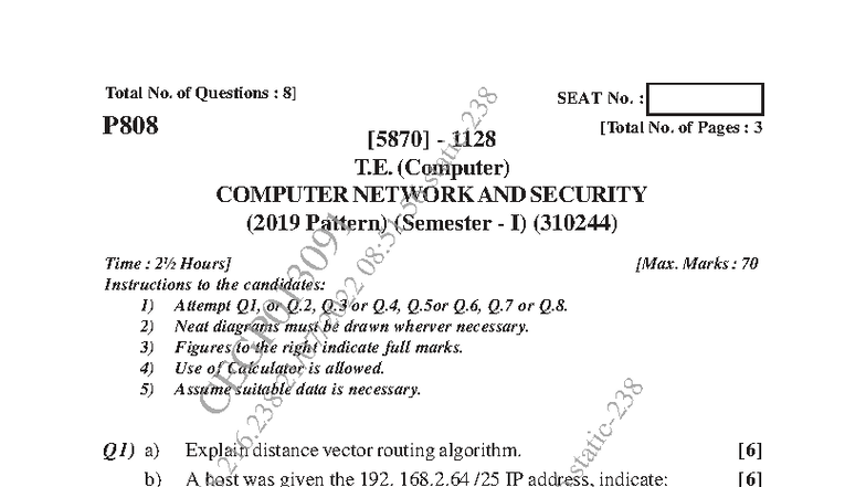 Computer Networks and Security (C 8.2 E 16) - T.E. (2019 Pattern) Exam ...