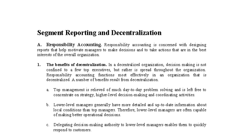 Segment Reporting and Decentralization: A Responsibility Accounting Overview - Studocu