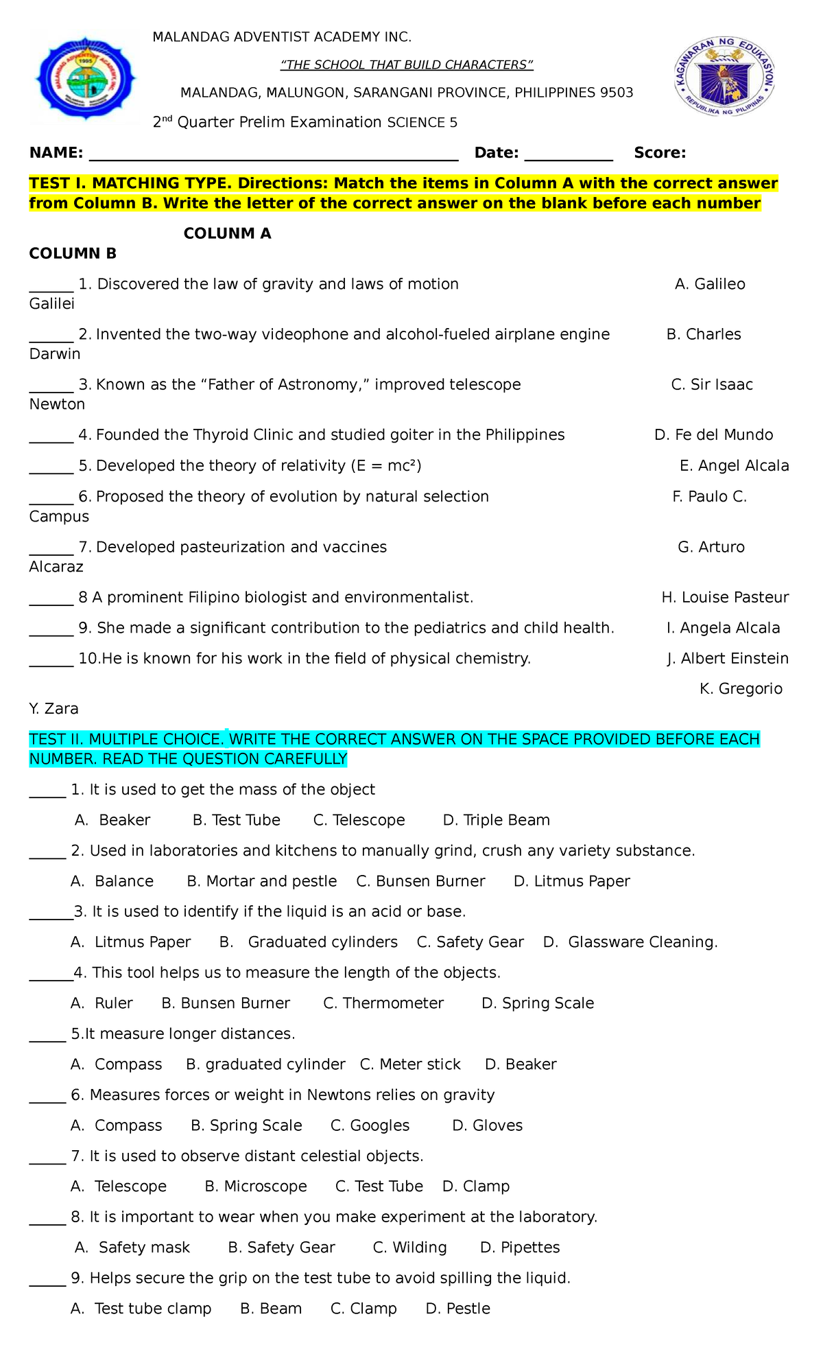 2nd Quarter Prelim Exam SCI 5: Science Grade 5 Test Questions - Studocu