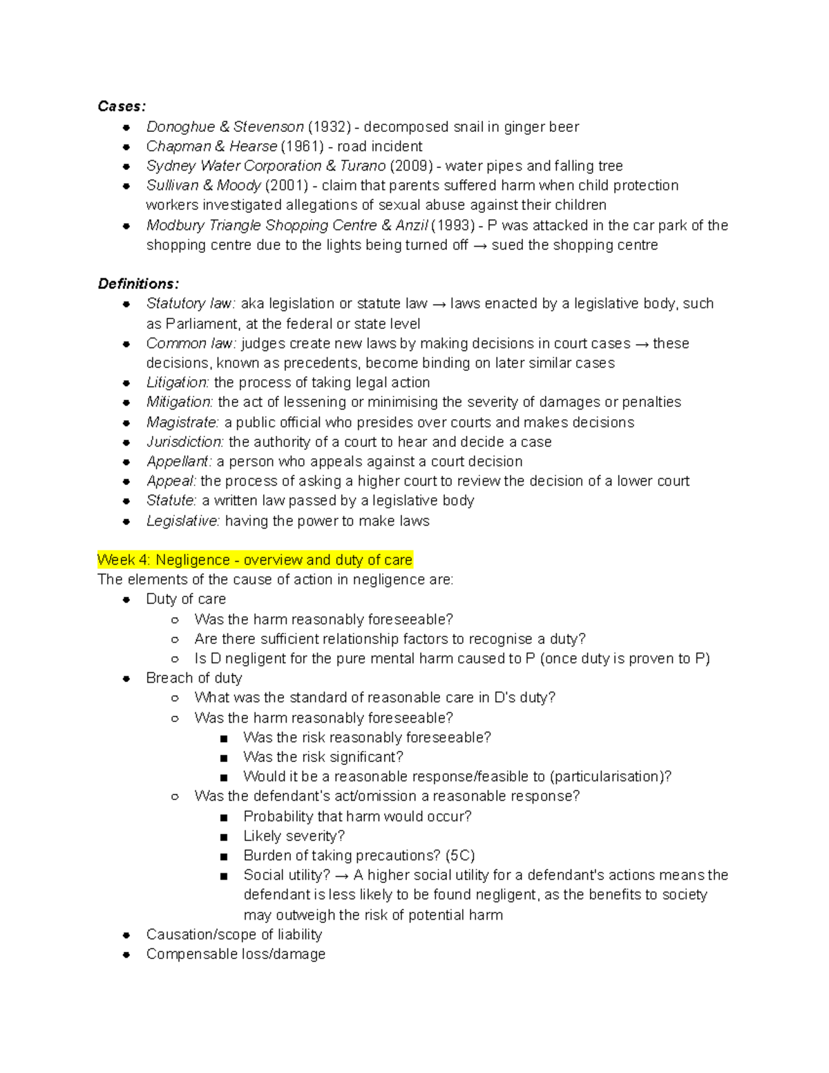 Torts Summary Sheet: Key Cases and Principles of Negligence (LAW101 ...