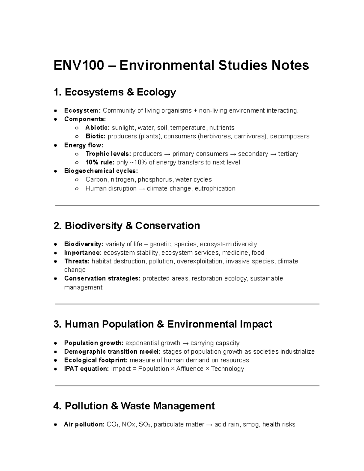 ENV100 Environmental Studies Notes: Ecosystems, Biodiversity & Climate ...