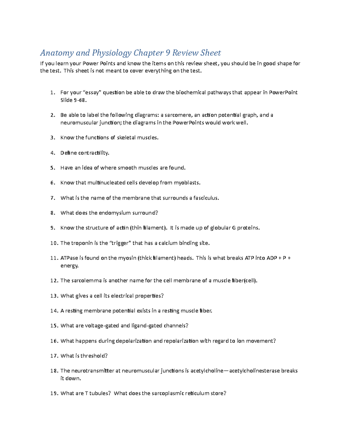 Chapter 9 Review Sheet - Anatomy & Physiology for Test Prep - Studocu