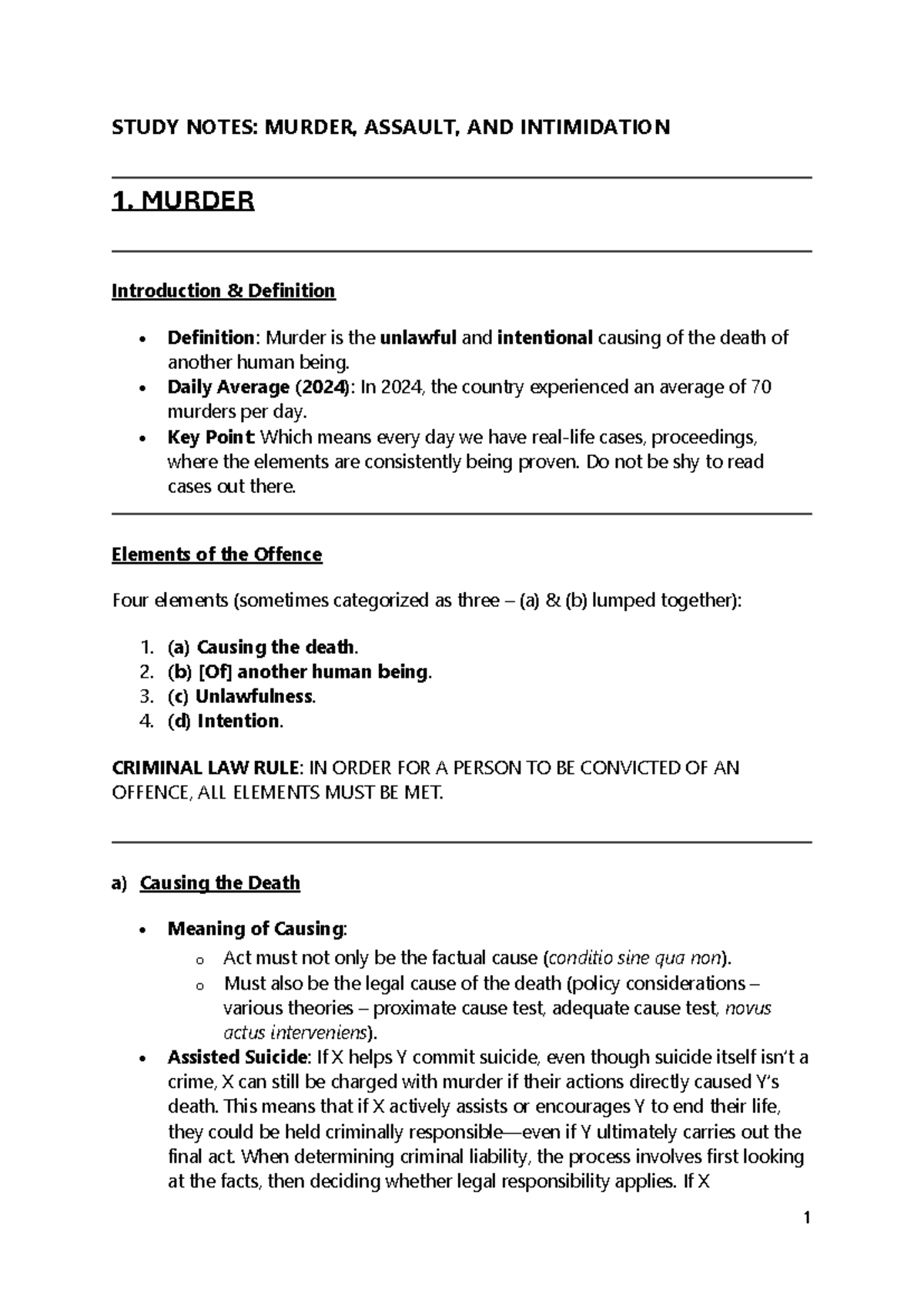 STUDY NOTES: CRIMINAL LAW - MURDER, ASSAULT & INTIMIDATION 1 - Studocu