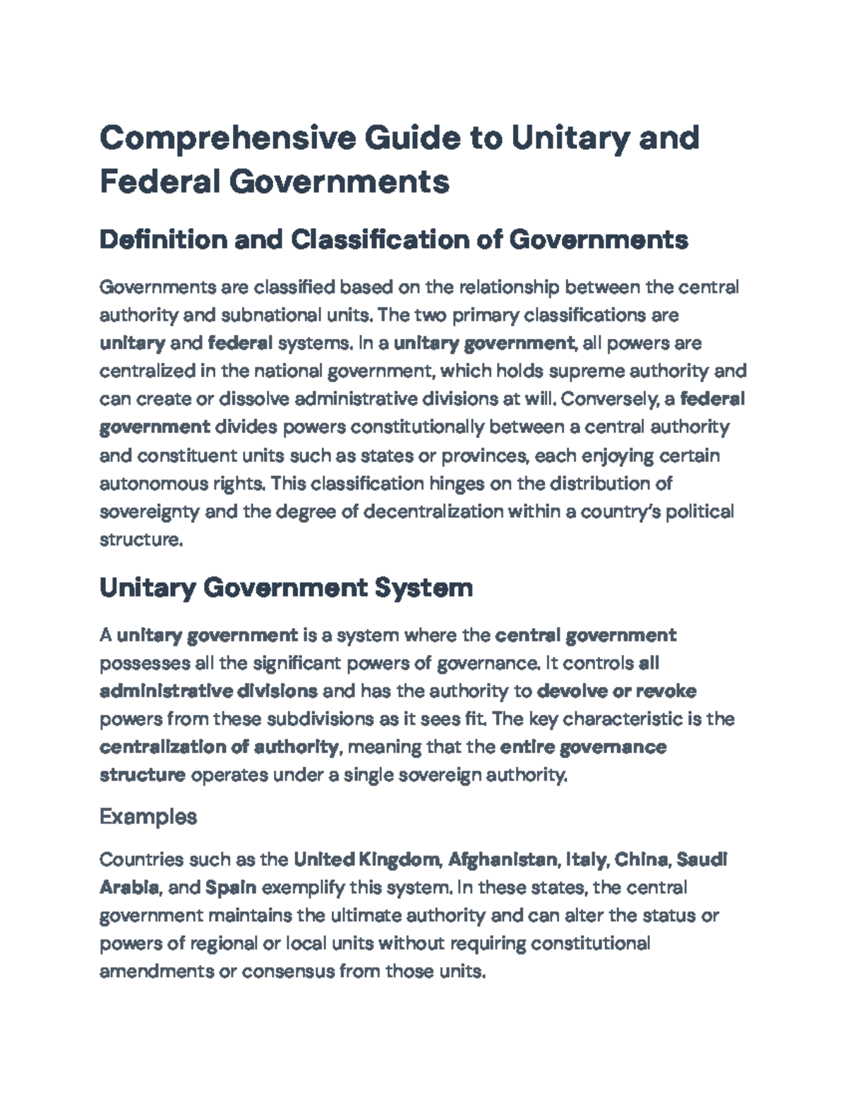 Comprehensive Overview of Unitary & Federal Governments: Definitions ...