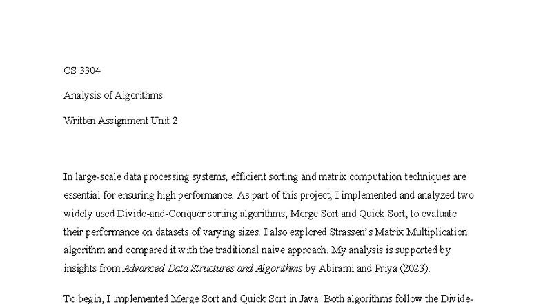 CS 3304 Analysis of Sorting Algorithms: Merge vs Quick Sort - Studocu
