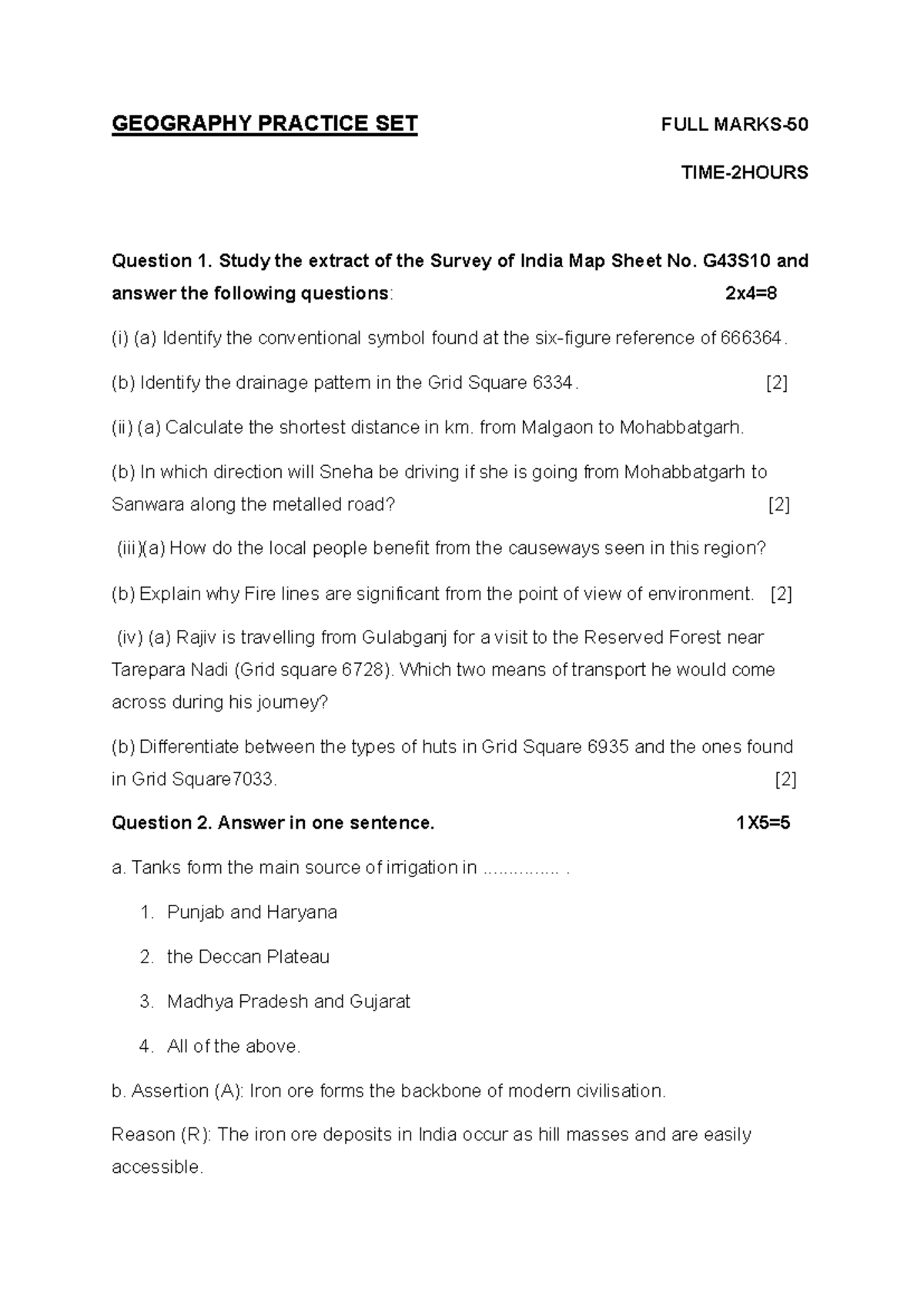 Grade 10 Geography Practice Set: Survey of India Map Analysis - Studocu