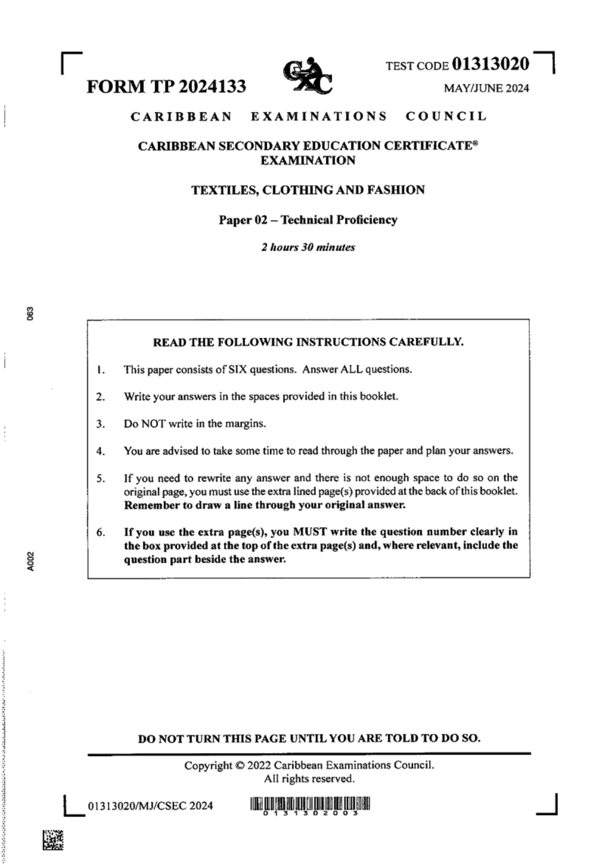 CSEC 01313020 Textiles, Clothing & Fashion Paper 02 Exam June 2024 ...