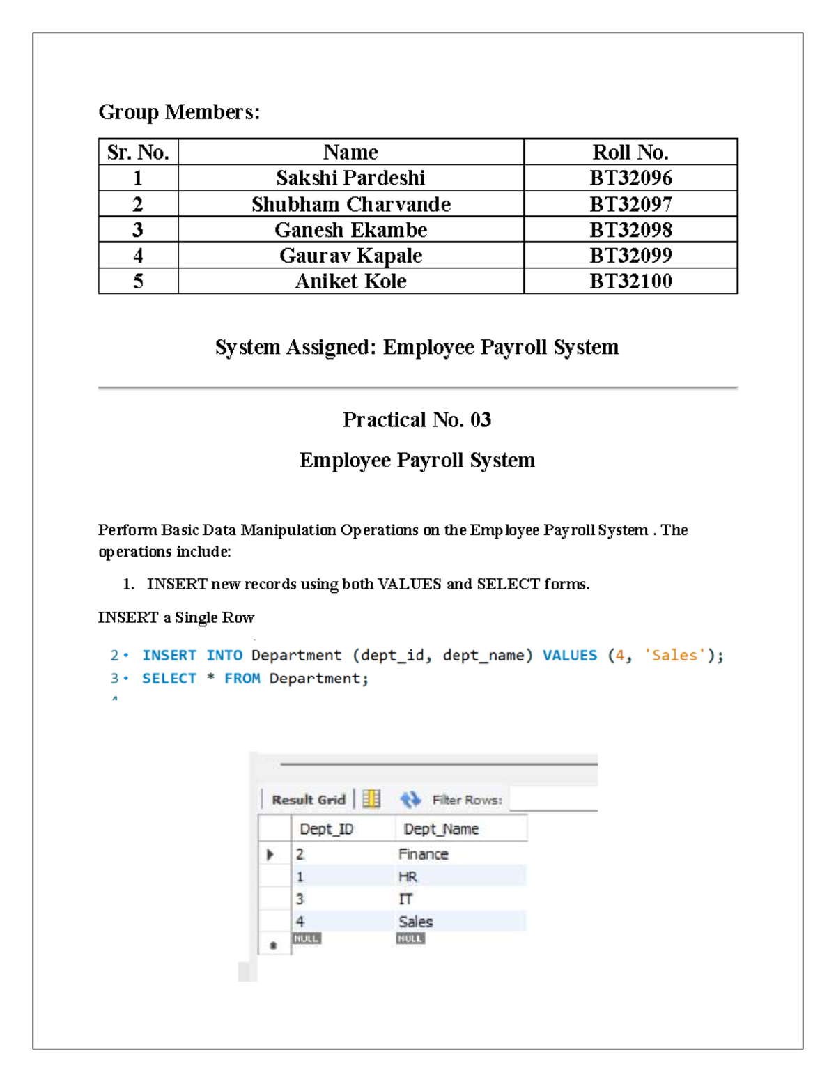 Practical No. 03: Employee Payroll System Data Manipulation Techniques ...