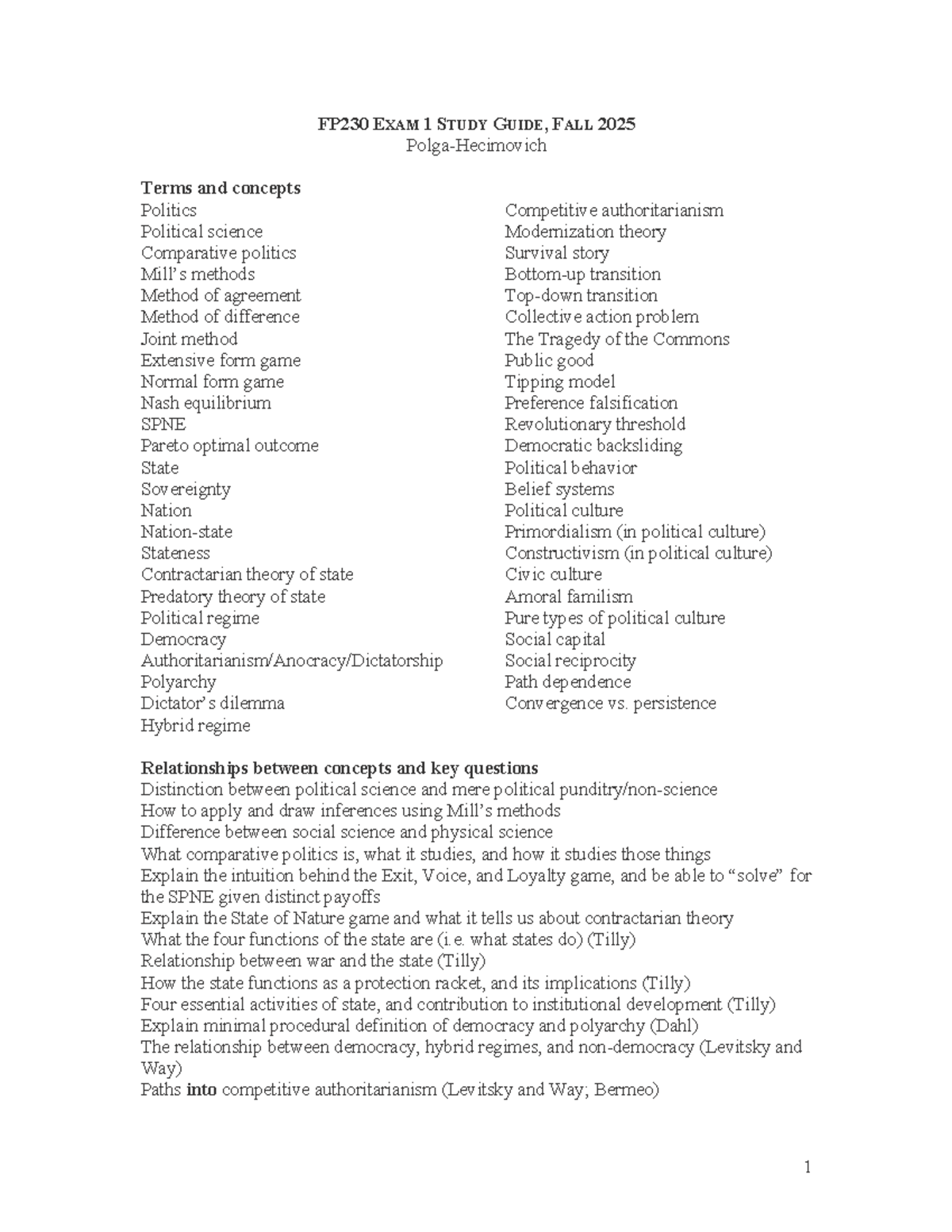 FP230 EXAM 1 STUDY GUIDE - FALL 2025: Key Concepts in Comparative ...