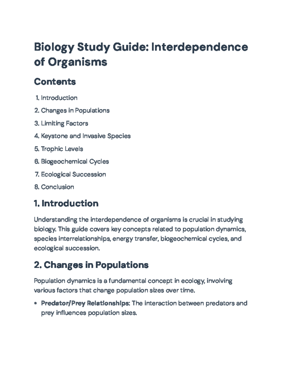 Biology Study Guide: Interdependence of Organisms & Ecosystem Dynamics ...