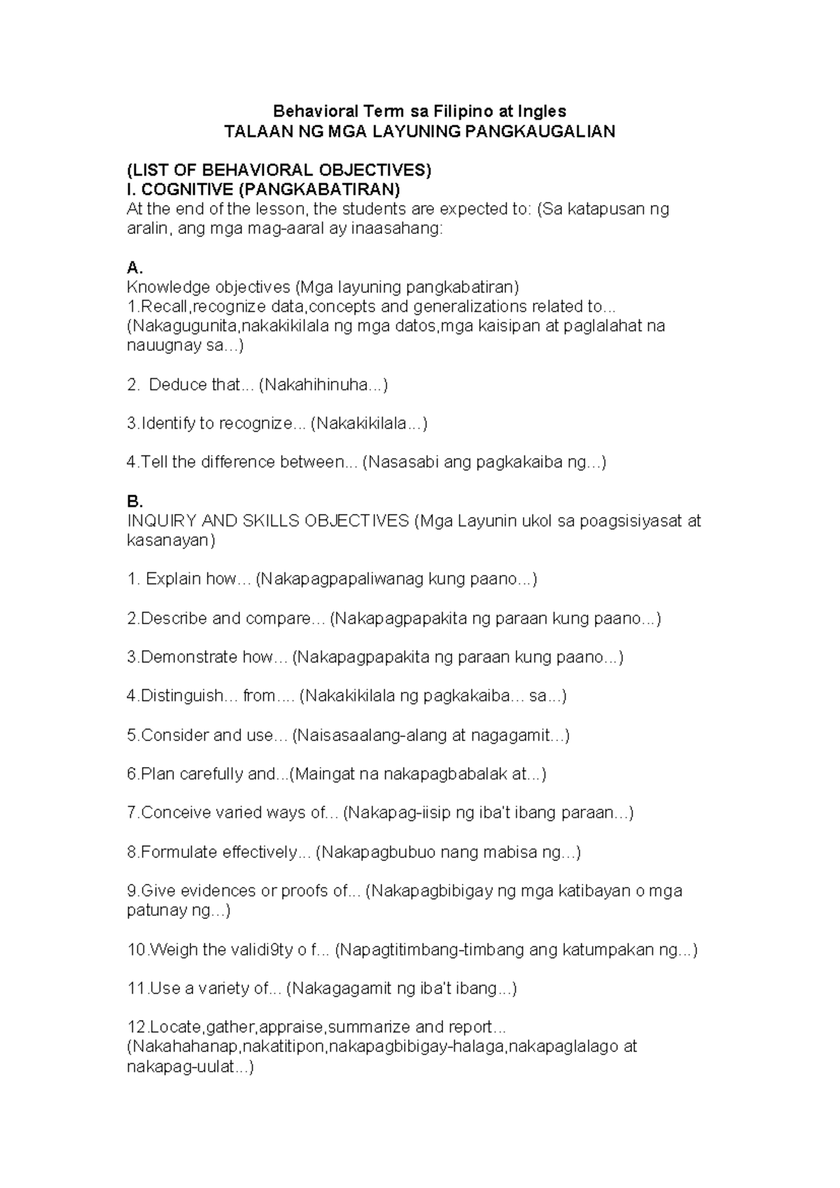 Behavioral Objectives sa Filipino at Ingles (LP) - Studocu