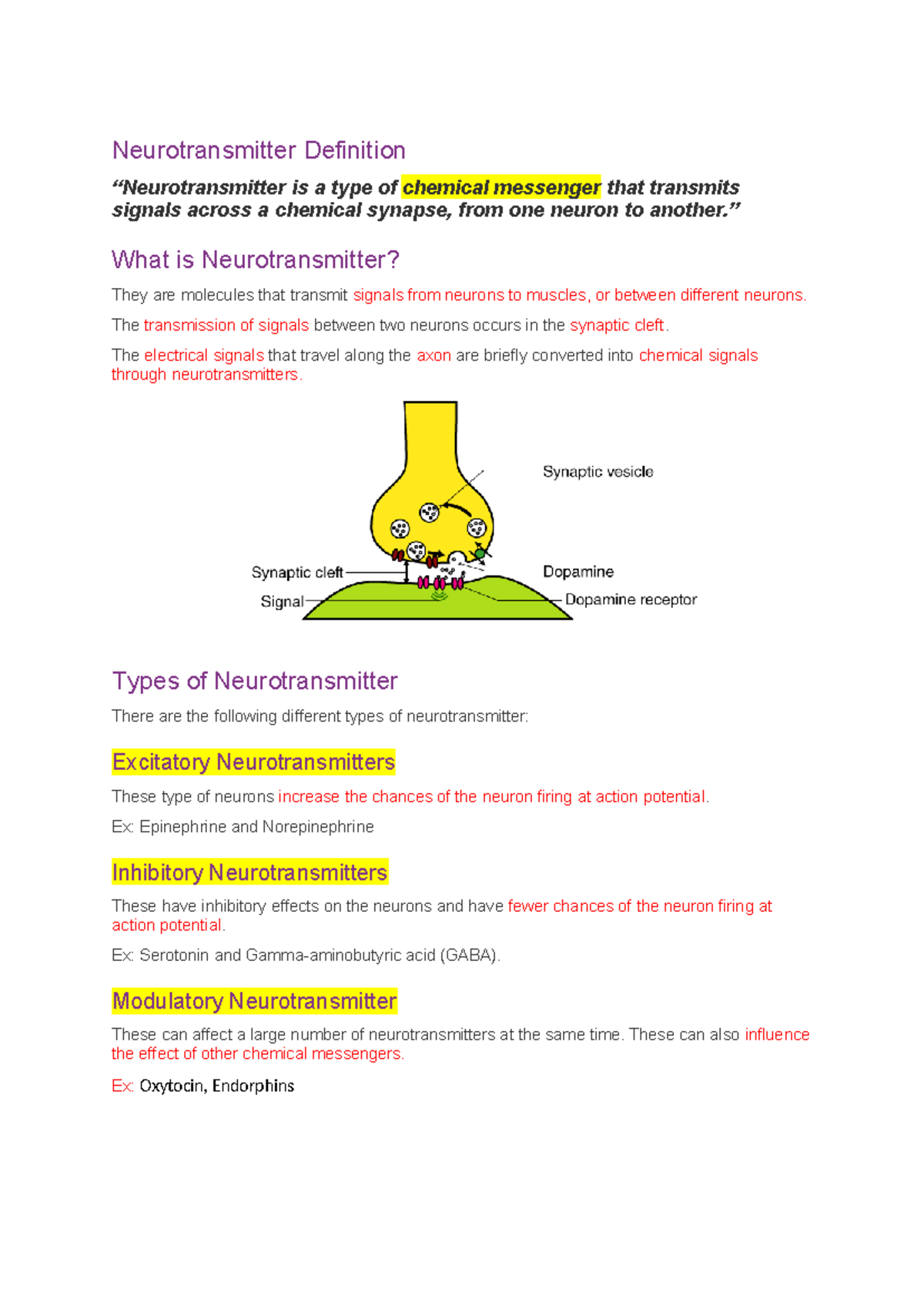 Neurotransmitters: Types and Functions Explained - Studocu