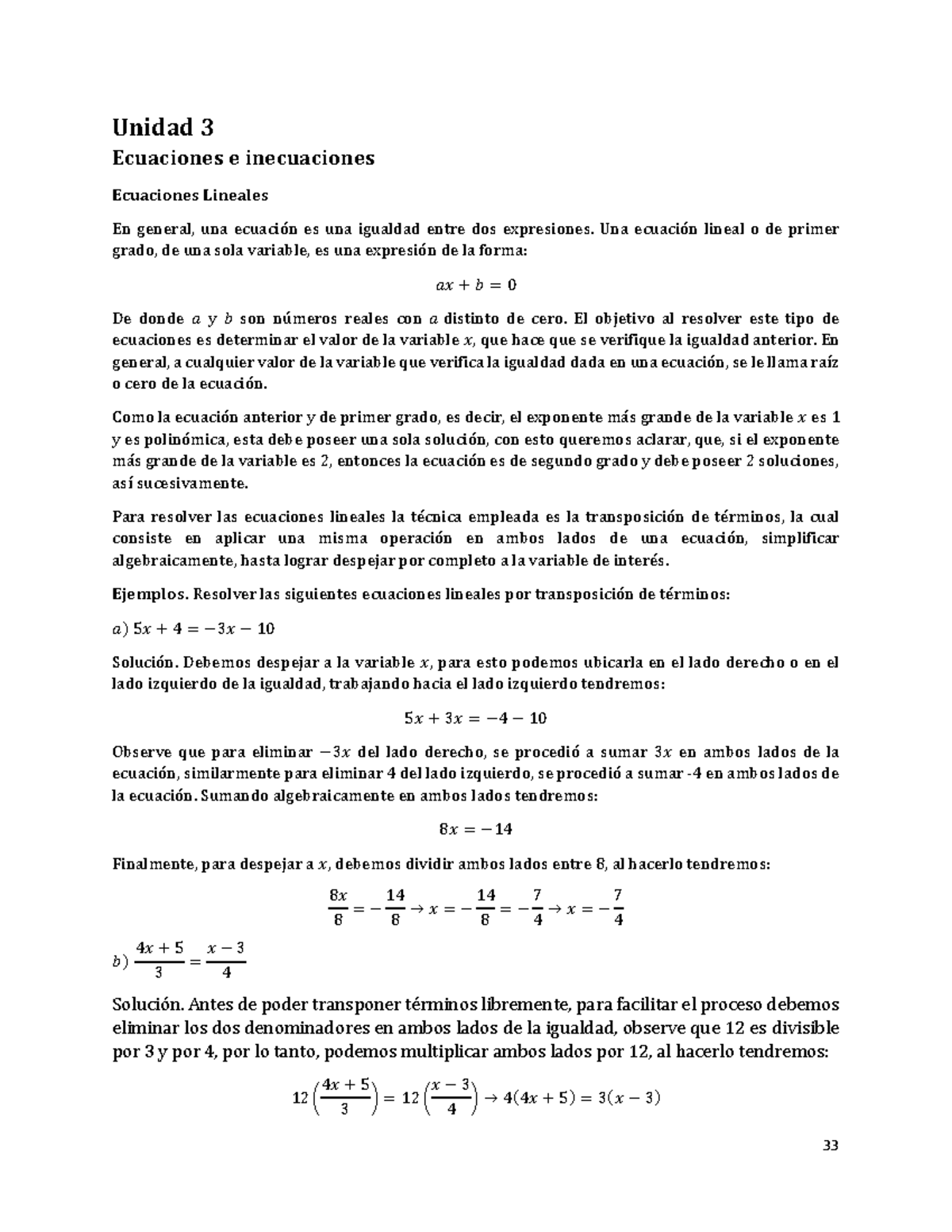 Unidad 3 - Ecuaciones e Inecuaciones Lineales y de Segundo Grado - Studocu