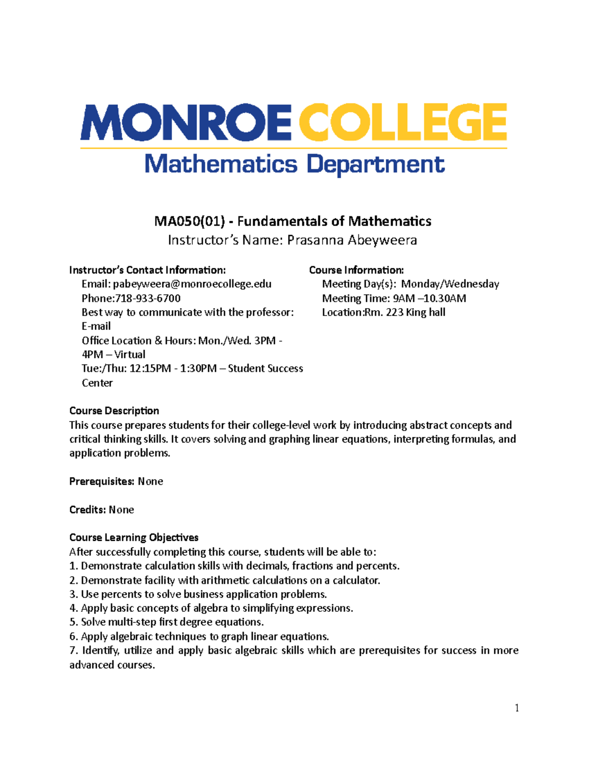 MA050(01) Syllabus & Course Overview with Practice Questions for WN 23 ...