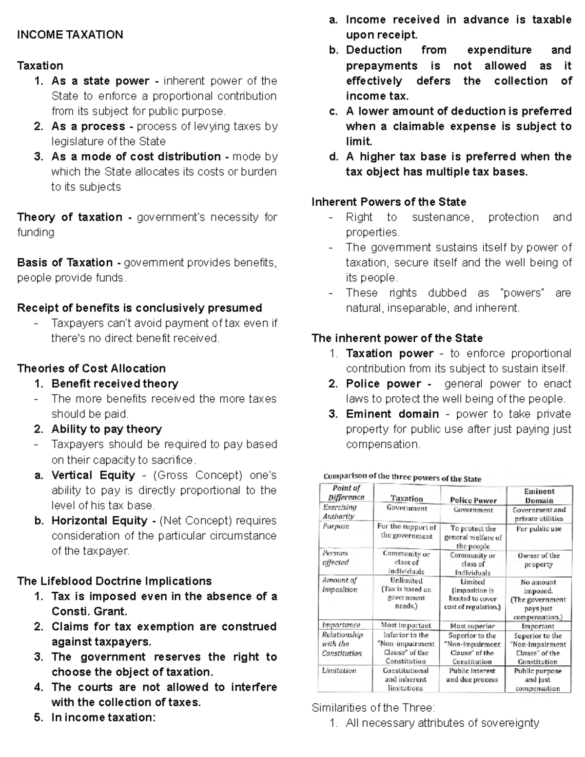 Income TAX Reviewer - INCOME TAXATION Taxation 1. As a state power ...