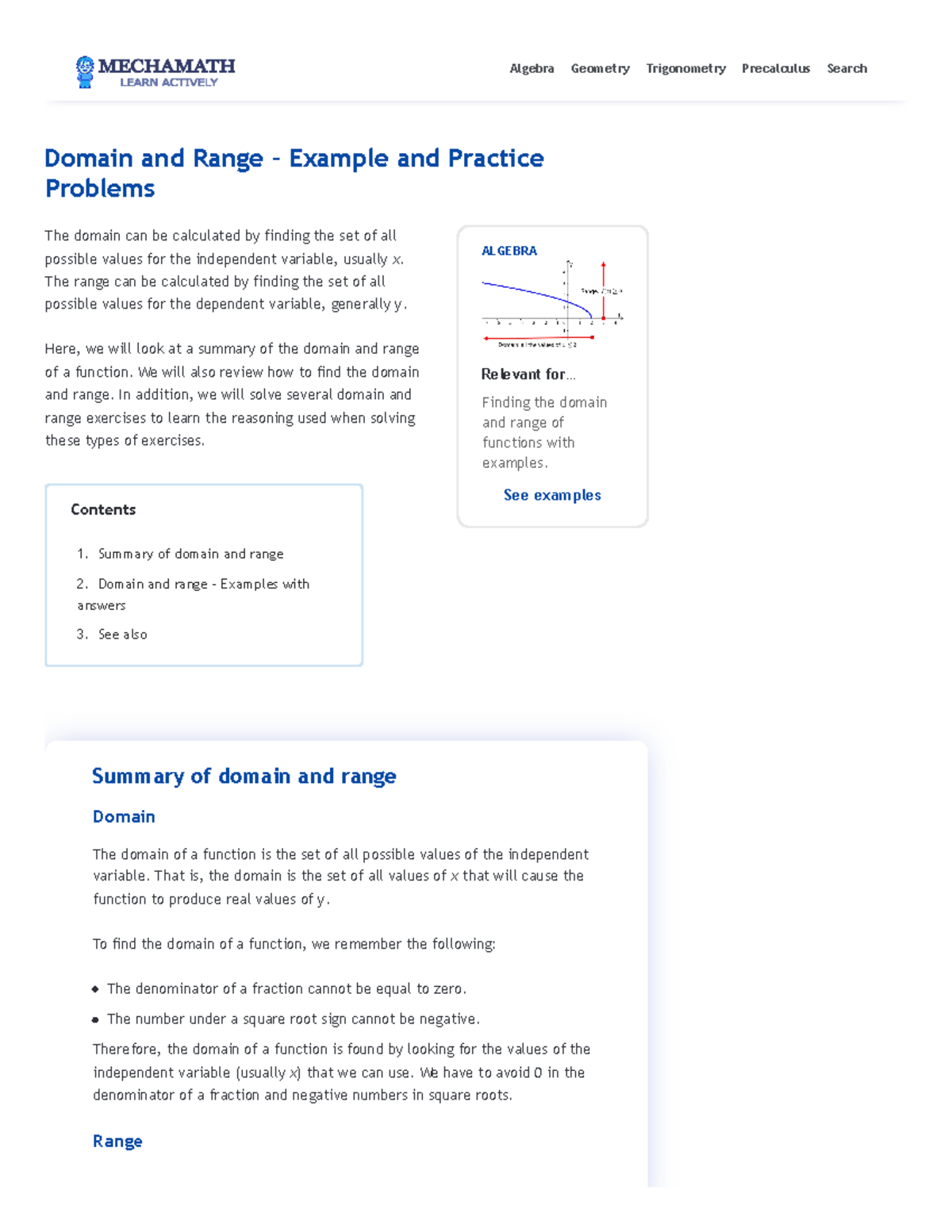 Domain and Range Exploration - Example Problems in Algebra - Studocu