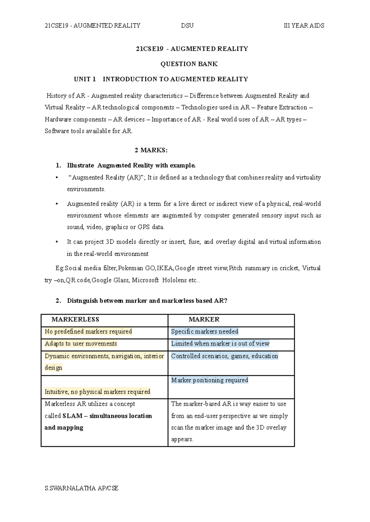 21CSE19 AUGMENTED REALITY QUESTION BANK: UNIT-WISE OVERVIEW - Studocu
