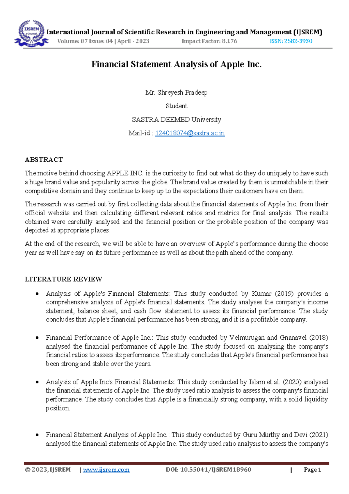 Financial Statement Analysis of Apple Inc. (IJSREM) - April 2023 - Studocu