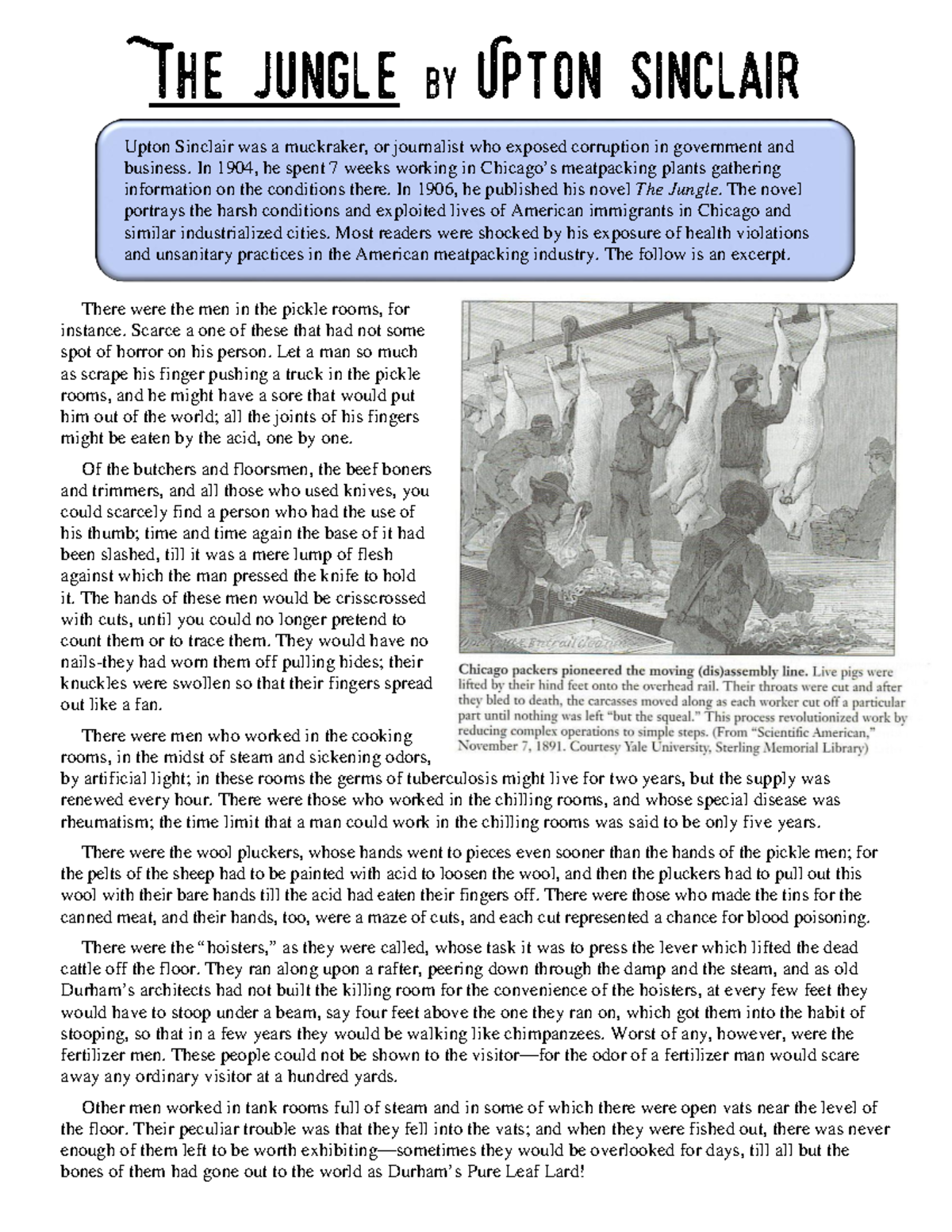 The Jungle - Reading Worksheet & Analysis by Upton Sinclair - Studocu