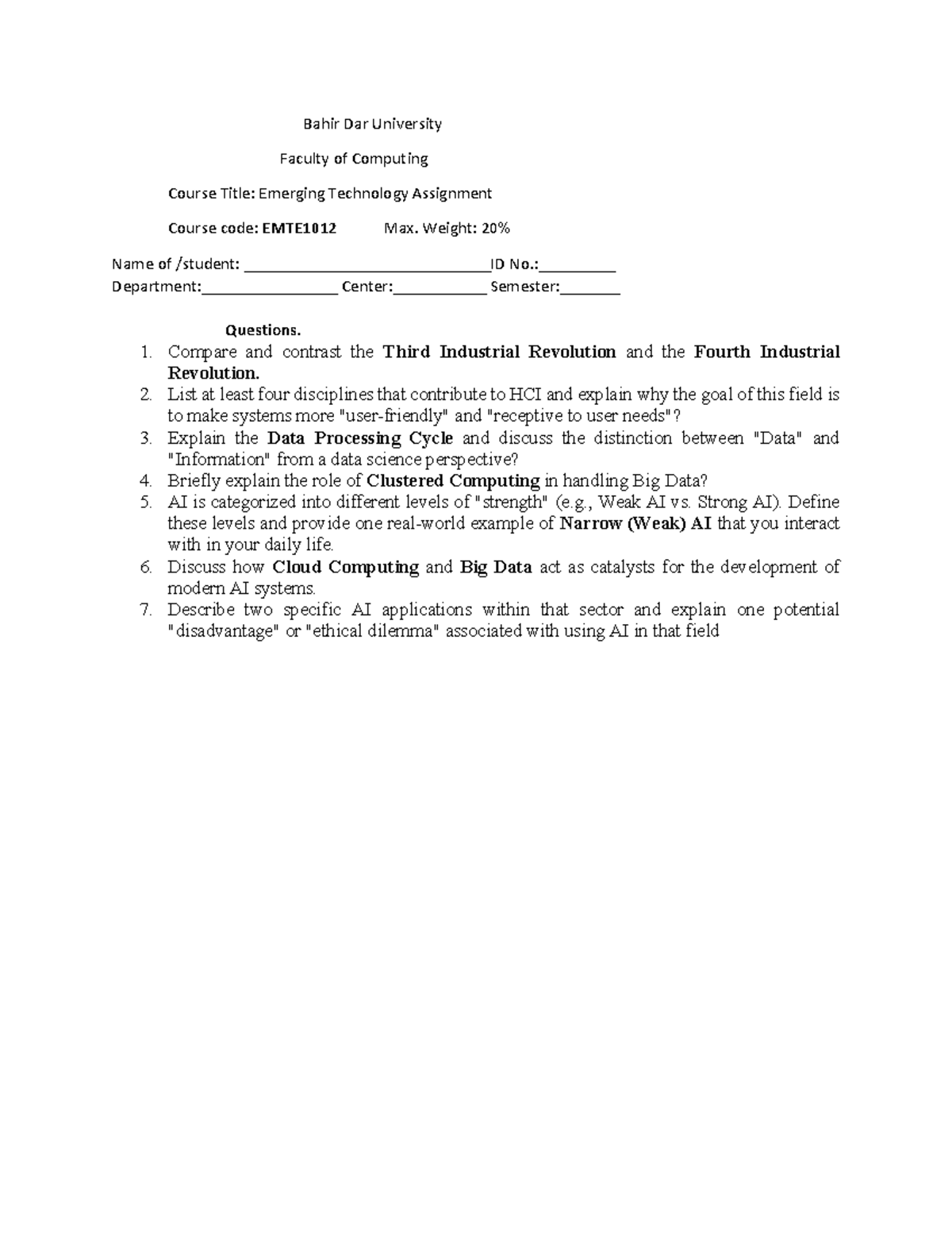 Emerging Technology Assignment EMTE1012: Key Concepts & Questions - Studocu