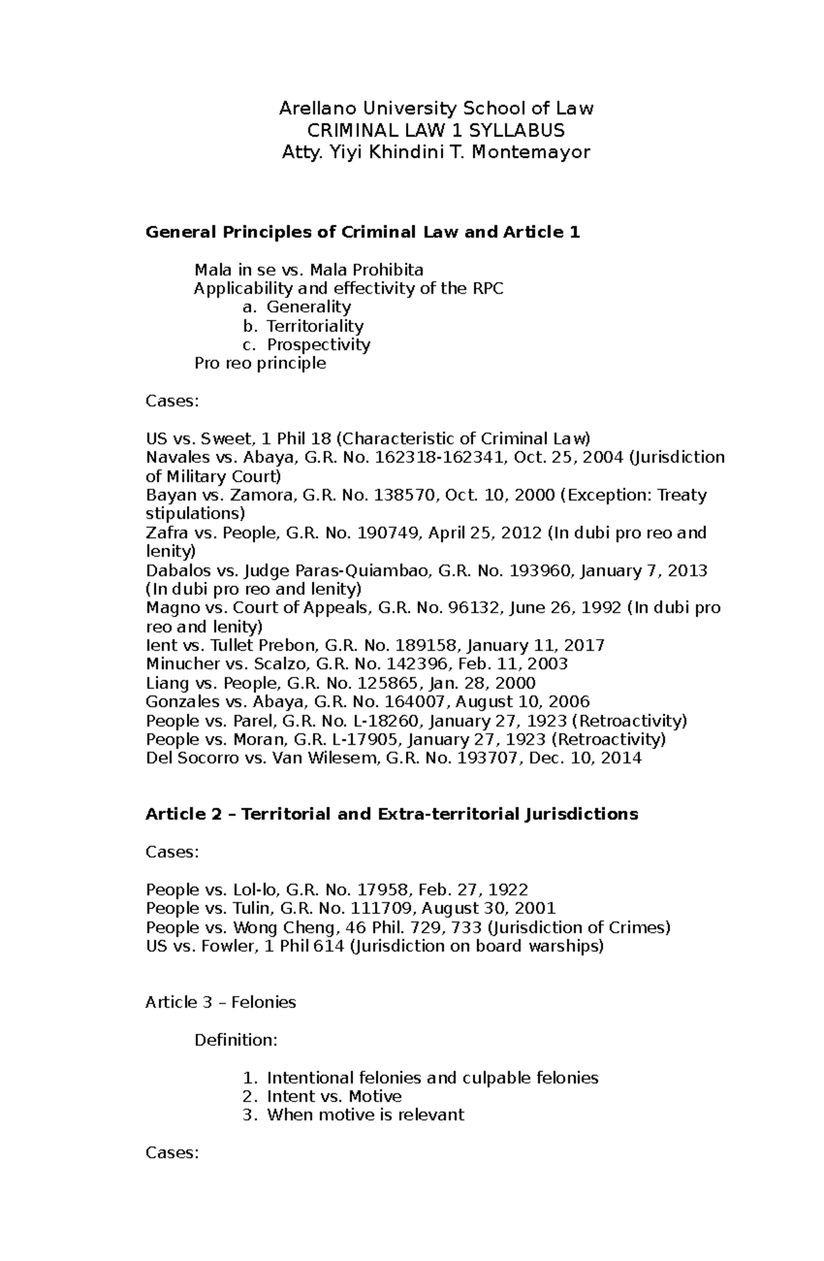 Criminal Law 1 Syllabus - General Principles and Case Studies - Studocu
