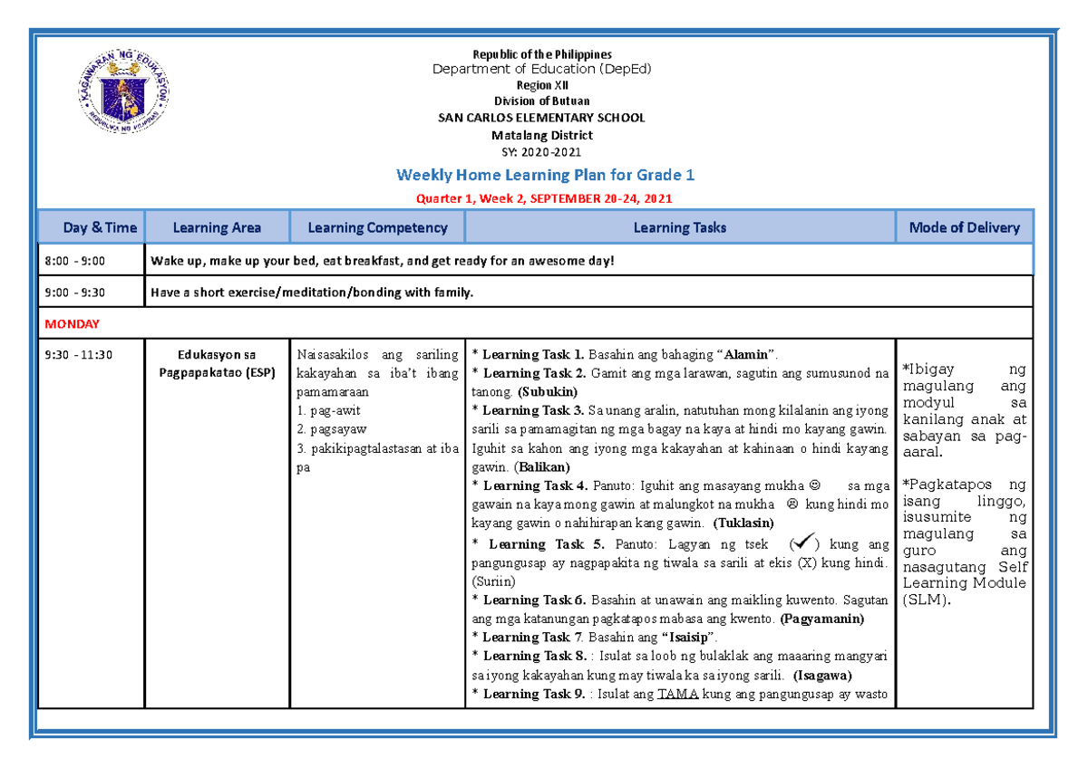 WHLP- Grade-1-Q1-W2-ALL- Subjects.by Guro Ako - Weekly Home Learning ...