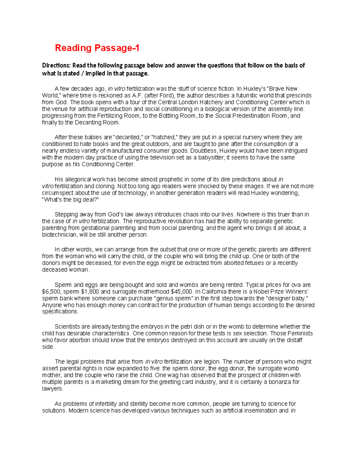Reading Passages - notes - Reading Passage- Directions: Read the ...