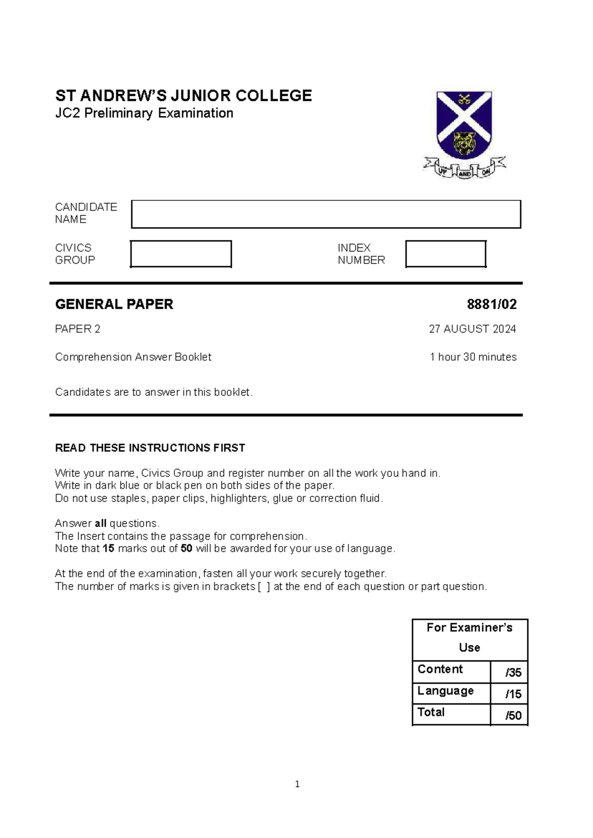 SAJC JC2 Prelim 2024 - General Paper Paper 2 Answer Booklet - Studocu