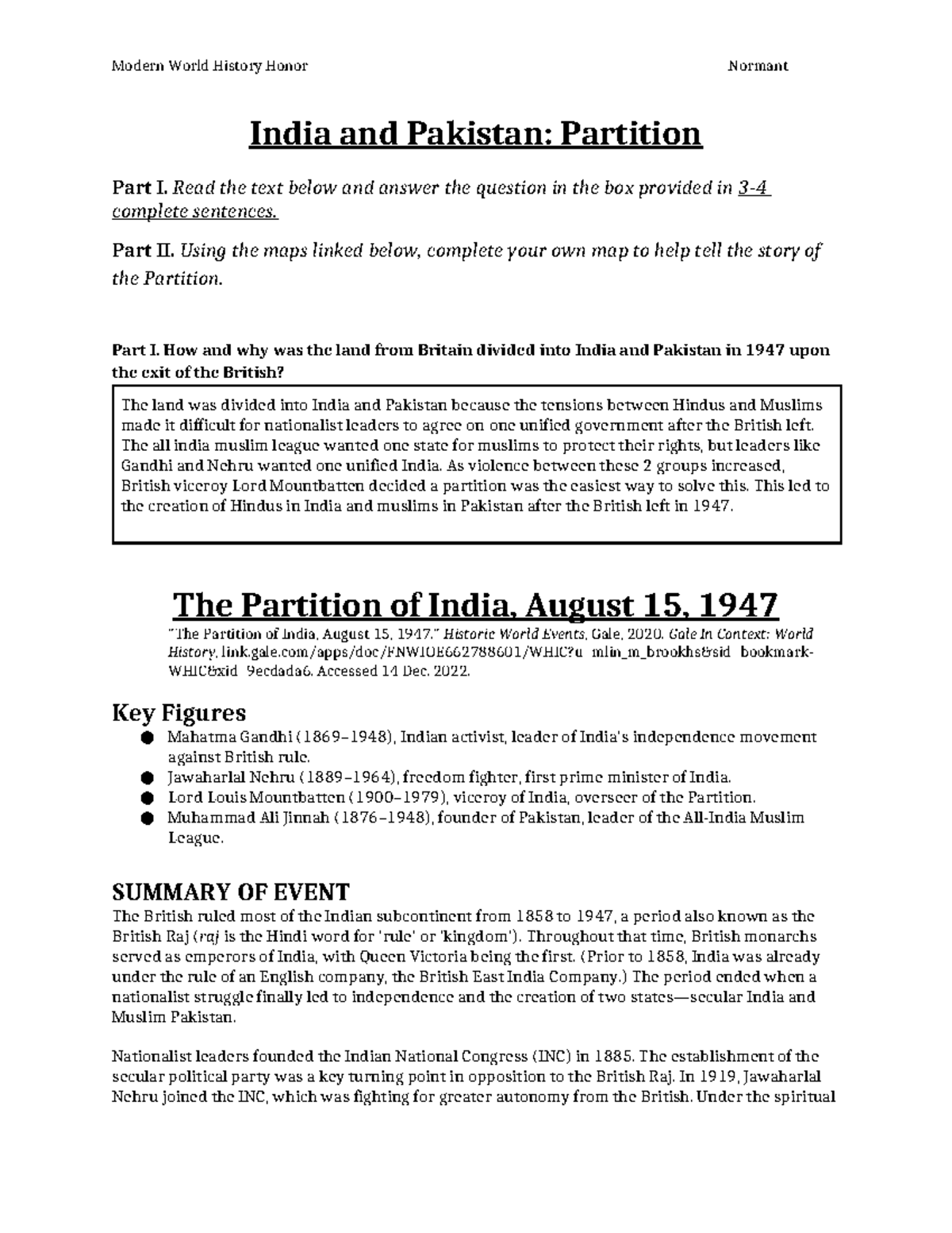 Modern World History Honor Normant: The Partition of India and Pakistan ...