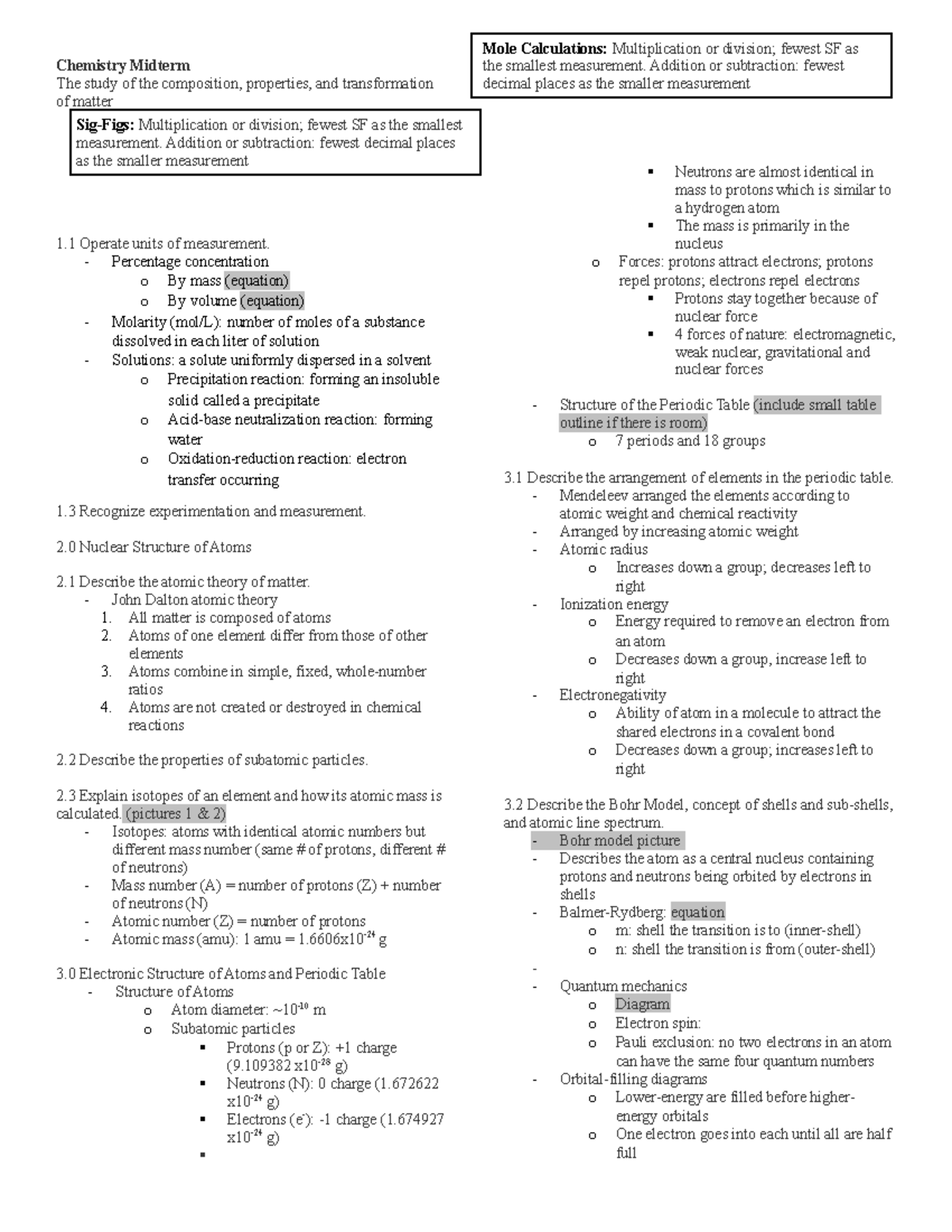 Chemistry Midterm Study Guide: Key Concepts and Calculations - Studocu