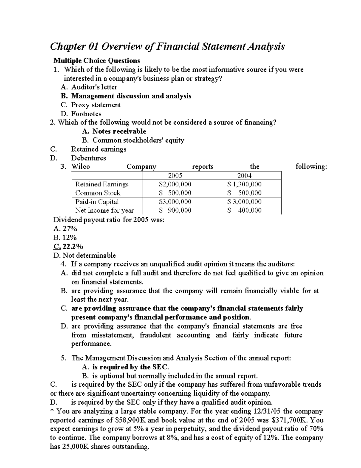 Financial Statement Analysis Test Bank (FIN 1234) - Chapter 01 Quiz ...