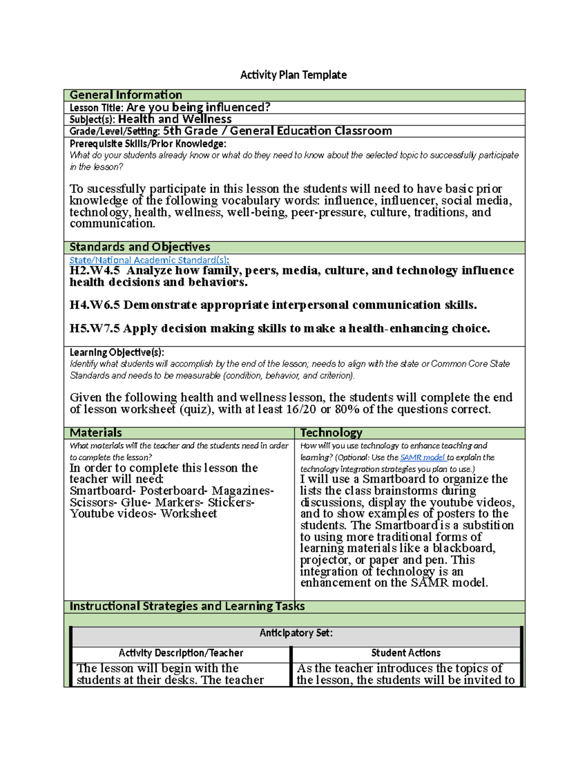 Health and Wellness Lesson Plan - Activity Plan Template General ...