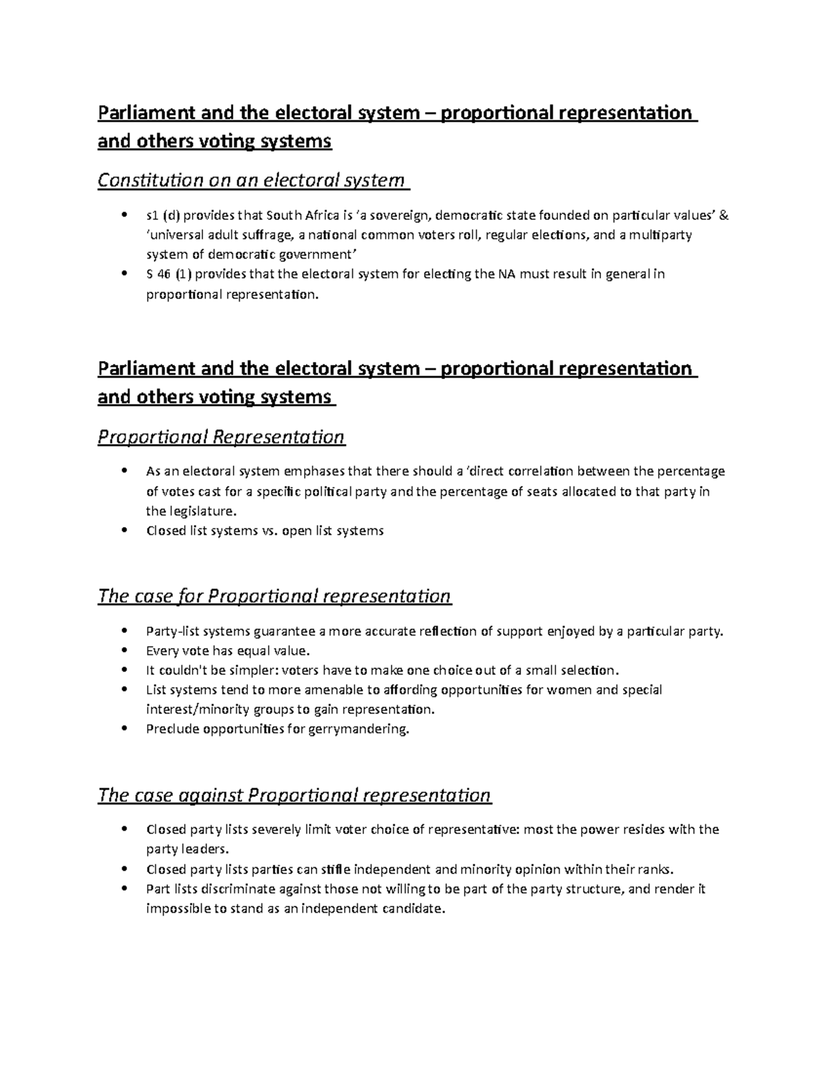Parliament and Electoral Systems: Pros and Cons of Representation - Studocu