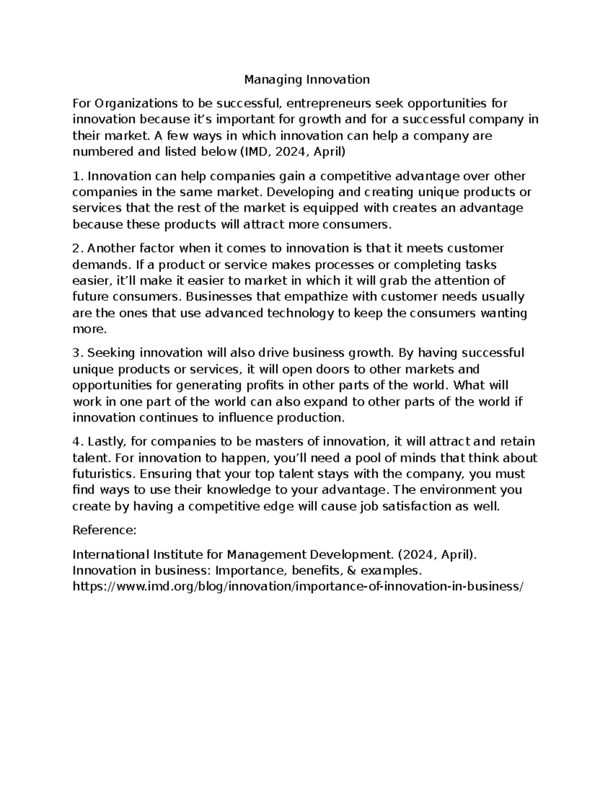 Managing Innovation for Organizational Success - AVM1 Task 3 - Studocu