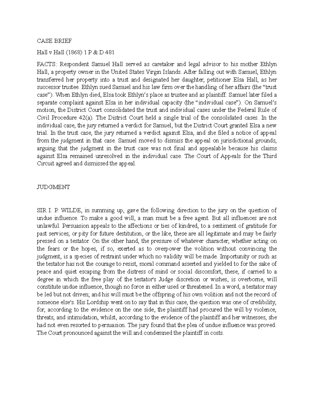 CASE Brief 1 - Hall v Hall: Summary of Equity & Succession - Studocu
