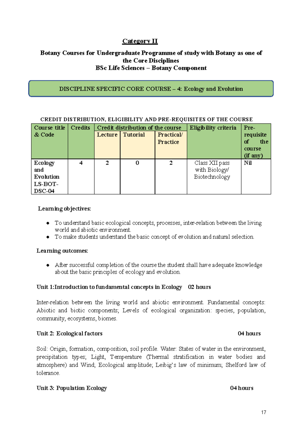 BSc Life Sciences Botany IV: Ecology & Evolution Syllabus - Studocu