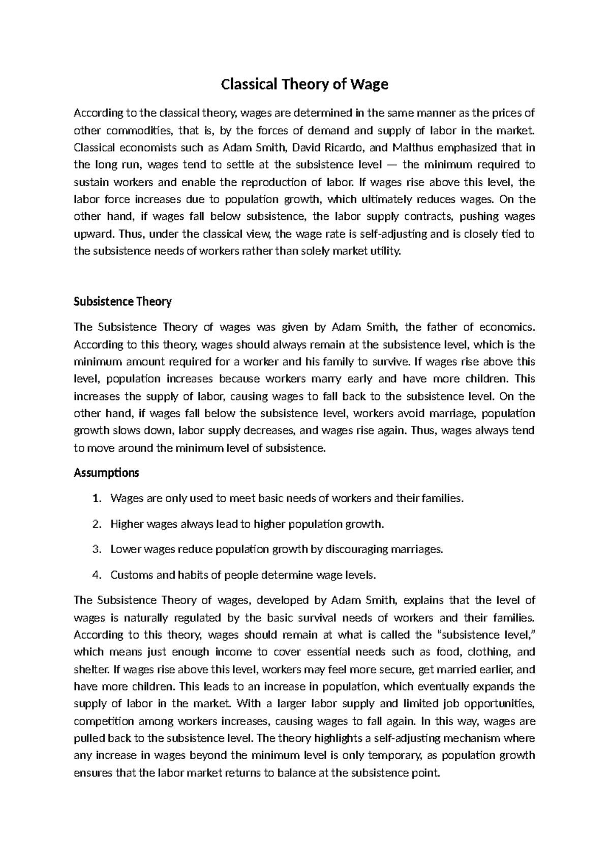 Classical Theory of Wage: Insights on Subsistence and Wages Fund - Studocu