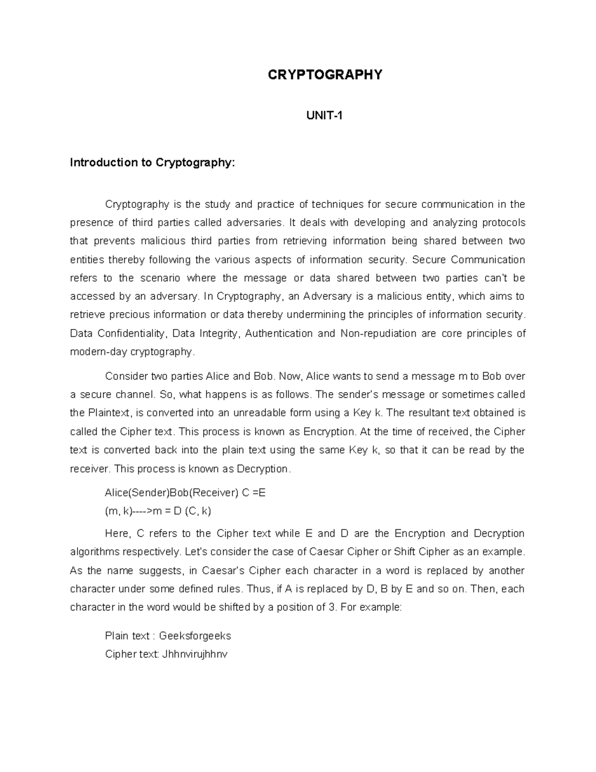 Cryptography Unit-1: Introduction to Secure Communication Techniques ...