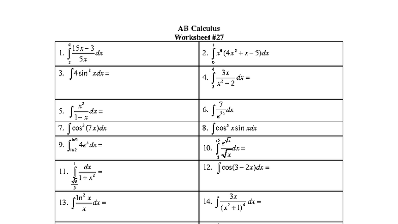 AB Calculus Worksheet #27: Integrals Review - Studocu
